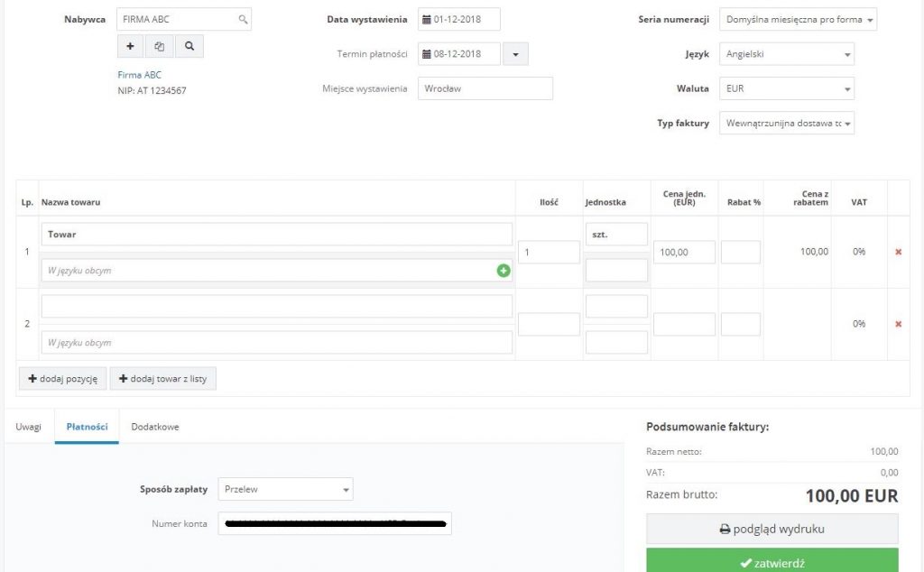 Proforma do faktury eksportowej - Wewnątrzunijna dostawa towarów ...